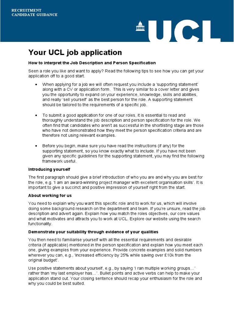 Your UCL Job Application: How To Interpret The Job Description and Person Specification | PDF ...