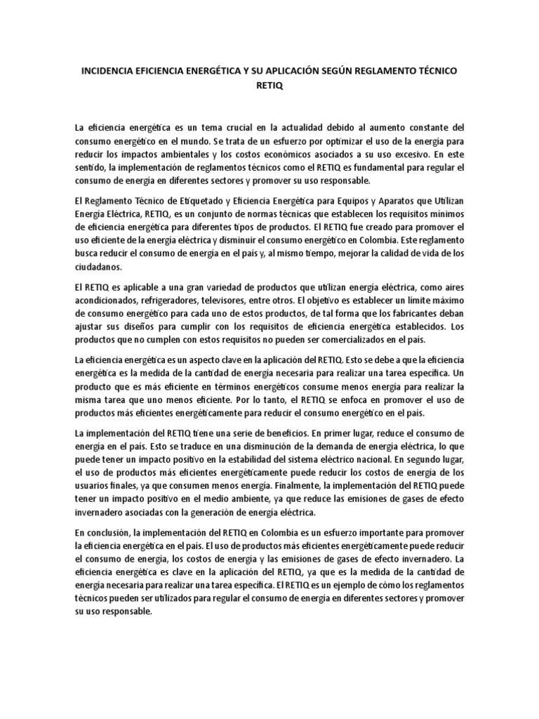 Incidencia Eficiencia Energética y Su Aplicación Según Reglamento ...