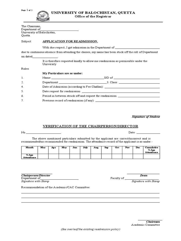 UoB Application For Re-Admission | PDF