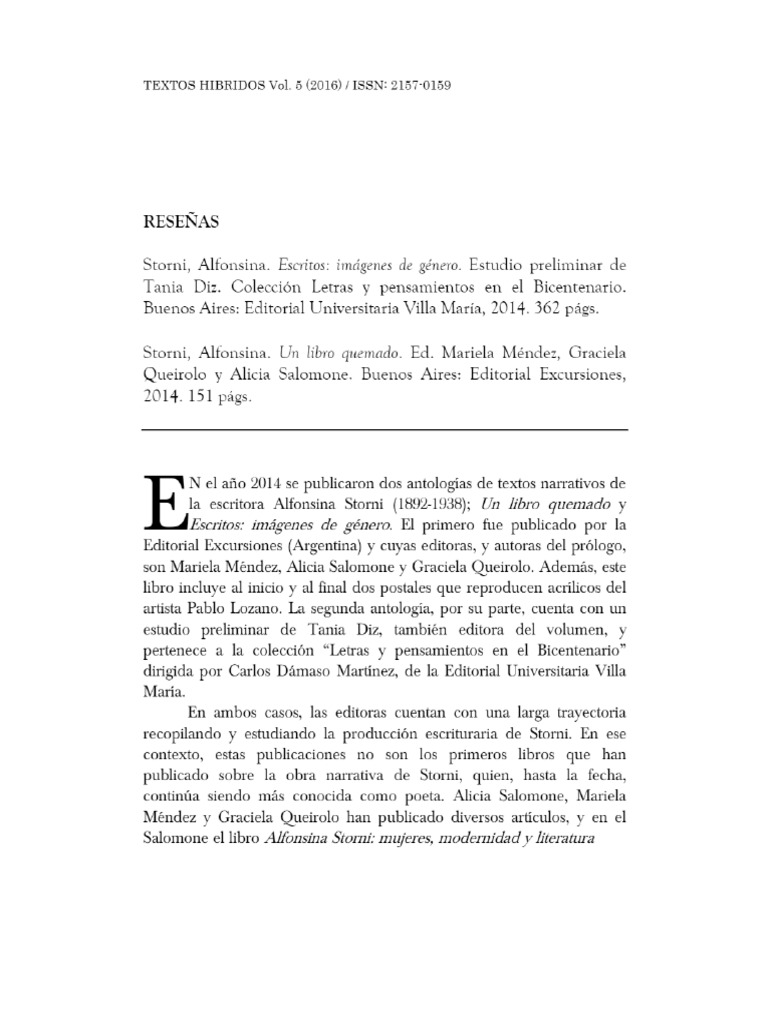 Storni, Alfonsina. Un Libro Quemado. Ed. Mariela Méndez, Graciela ...