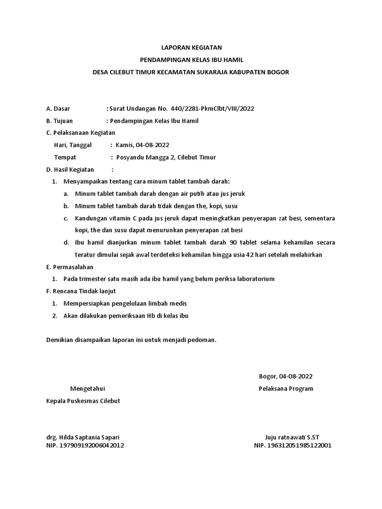 Laporan Kegiatan Kelas Ibu Hamil AGUSTUS 2022 | PDF