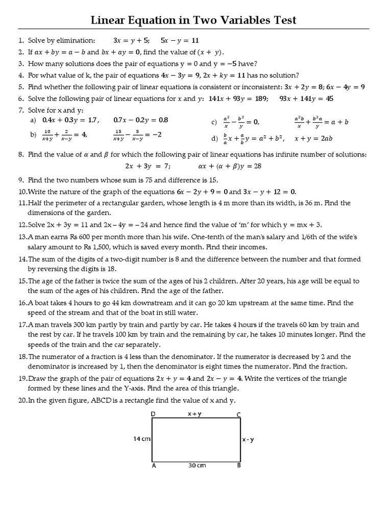 Linear Equation in Two Variables Test 2023 | PDF | System Of Linear ...
