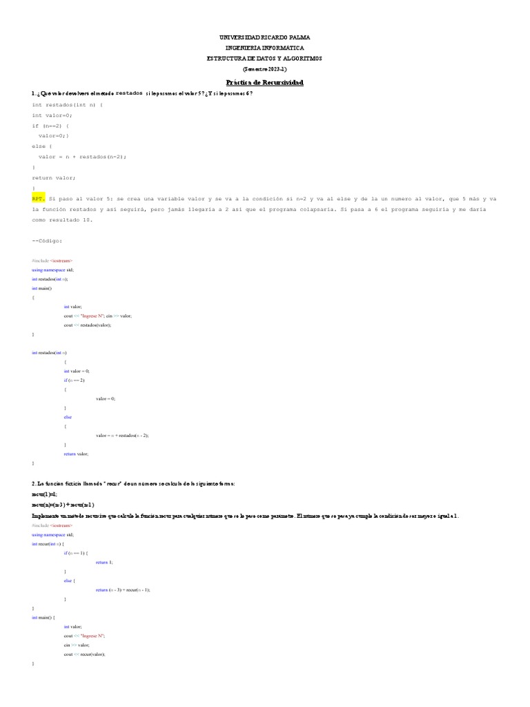 Práctica de Recursividad en C++ y Java | PDF | Desarrollo de software | Lógica matemática