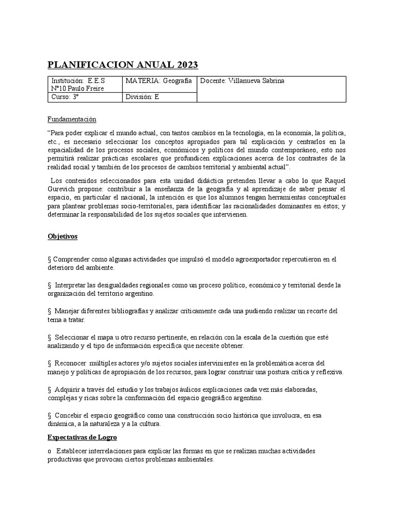 Planificacion Anual 2023: Objetivos | PDF