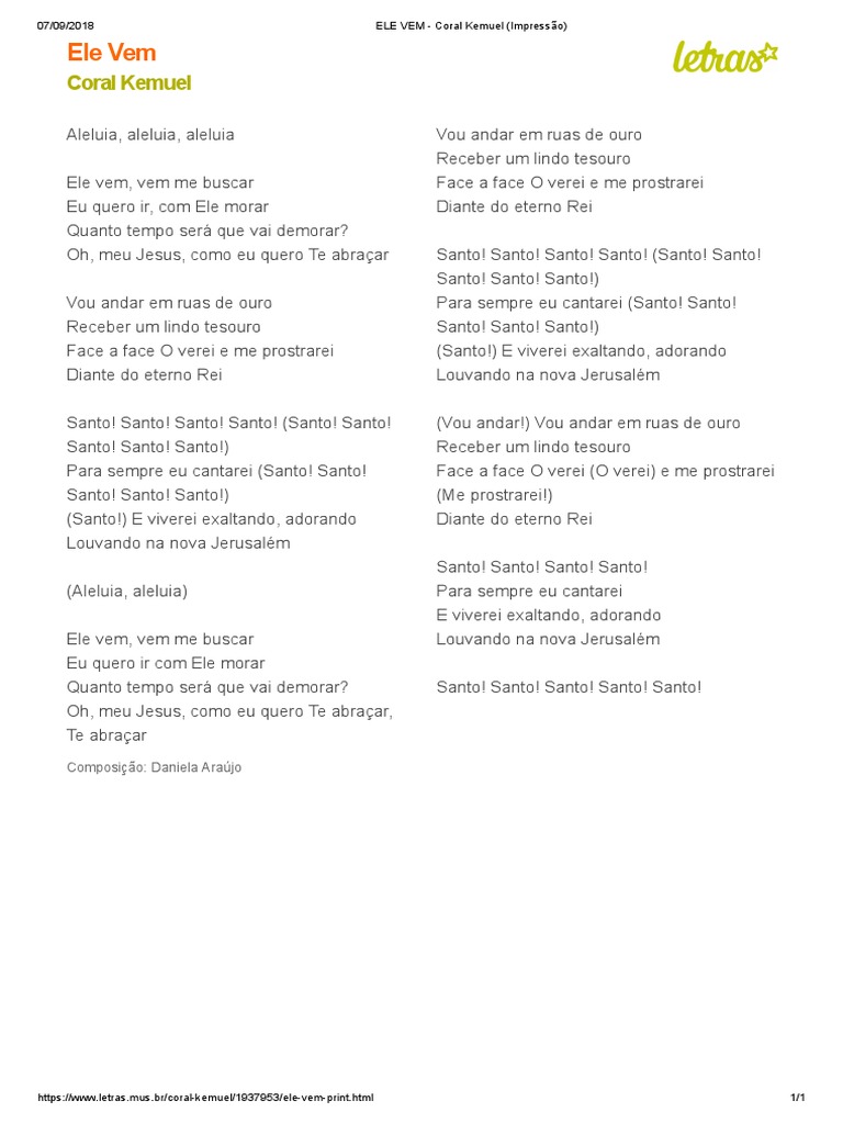 ELE VEM - Coral Kemuel (Letra) | PDF | Poesia