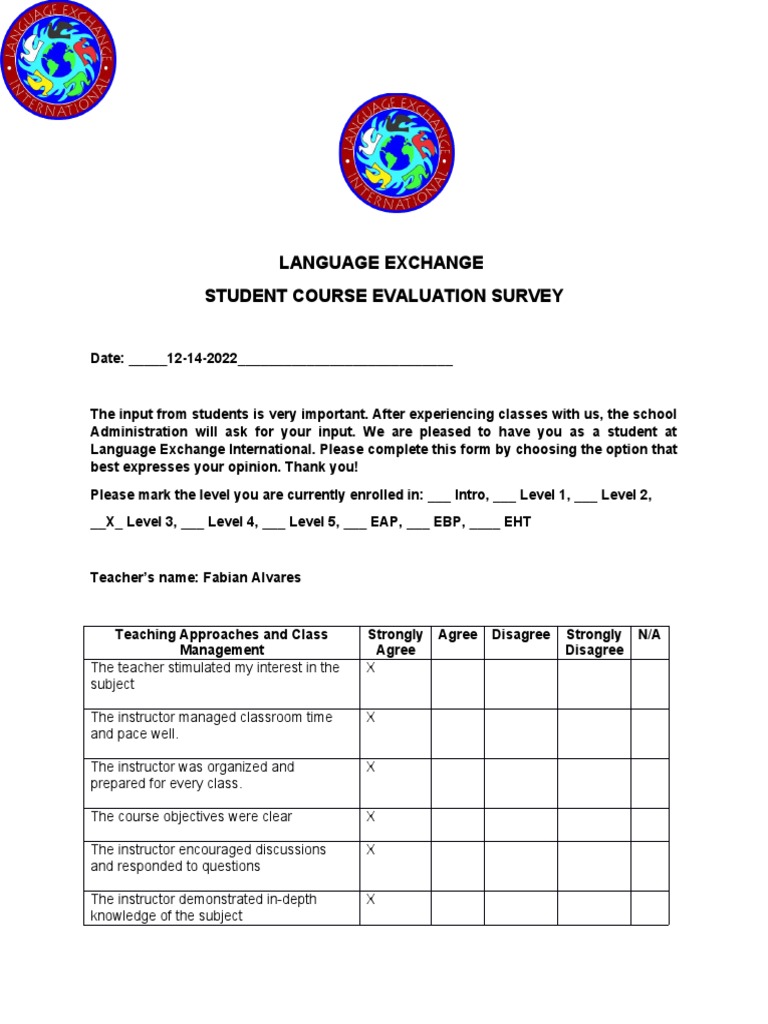 Language Exchange Student Course Evaluation Survey | PDF