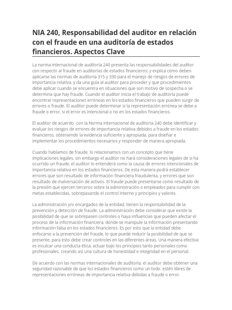 Nia 240 | PDF | Auditoría | Contralor