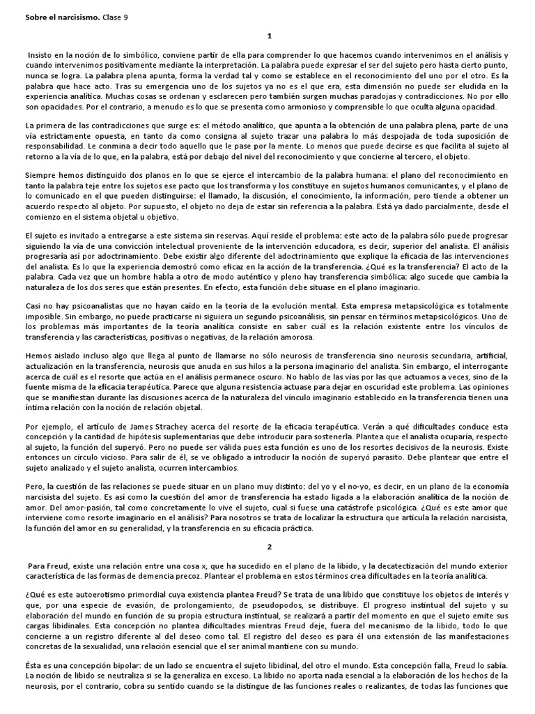 Narcisismo y transferencia en Lacan | PDF | Libido | Psicoanálisis