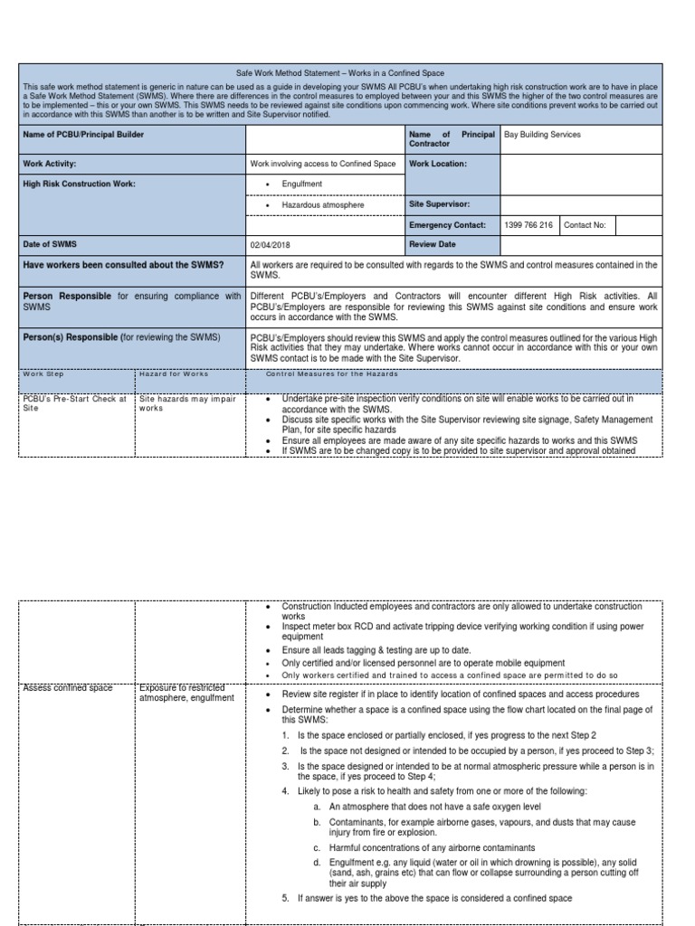 SWMS Work in A Confined Space | PDF | Occupational Safety And Health ...