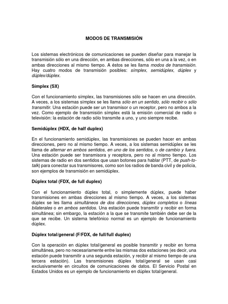 Modos de Transmisión | PDF | Duplex (Telecomunicaciones) | Electrónica