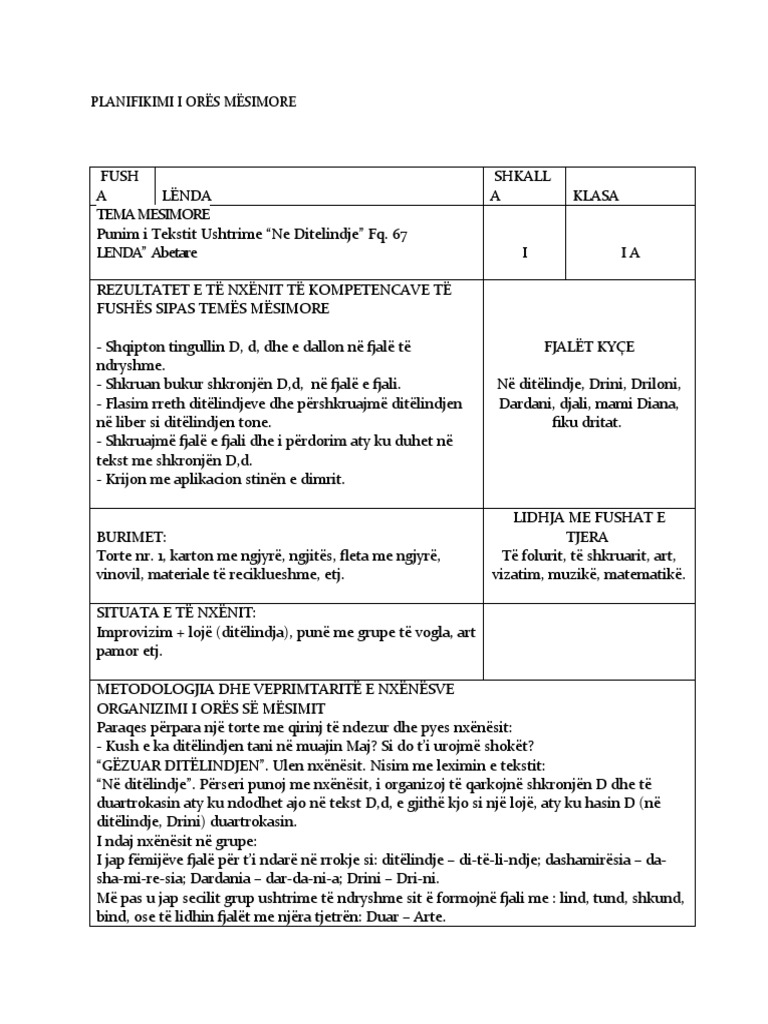 Planifikimi I Orës Mësimore | PDF