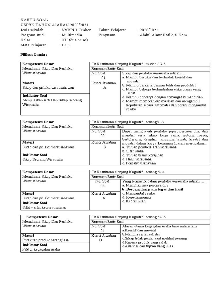Kartu Soal Uspbk Kelas Xii-Mm | PDF