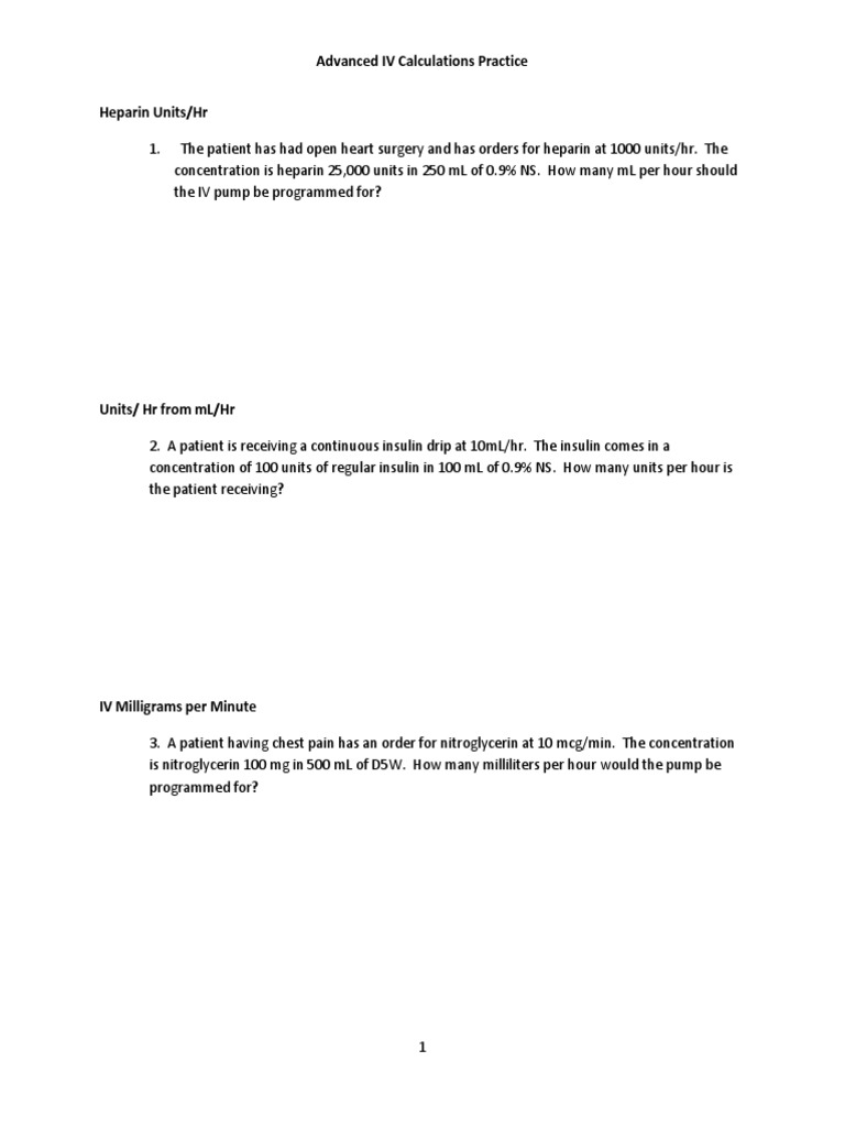 Advanced IV Calculations Work Sheet-1 | PDF