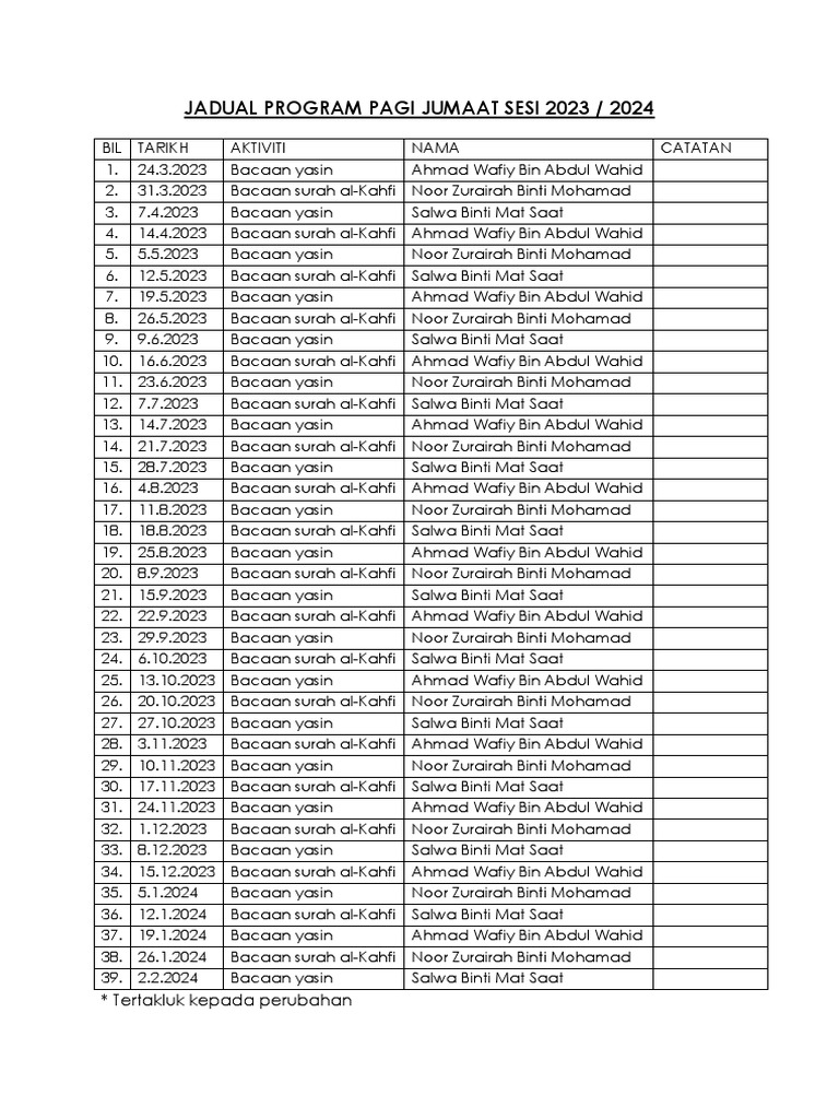 Jadual Program Pagi Jumaat Sesi 2023 | PDF