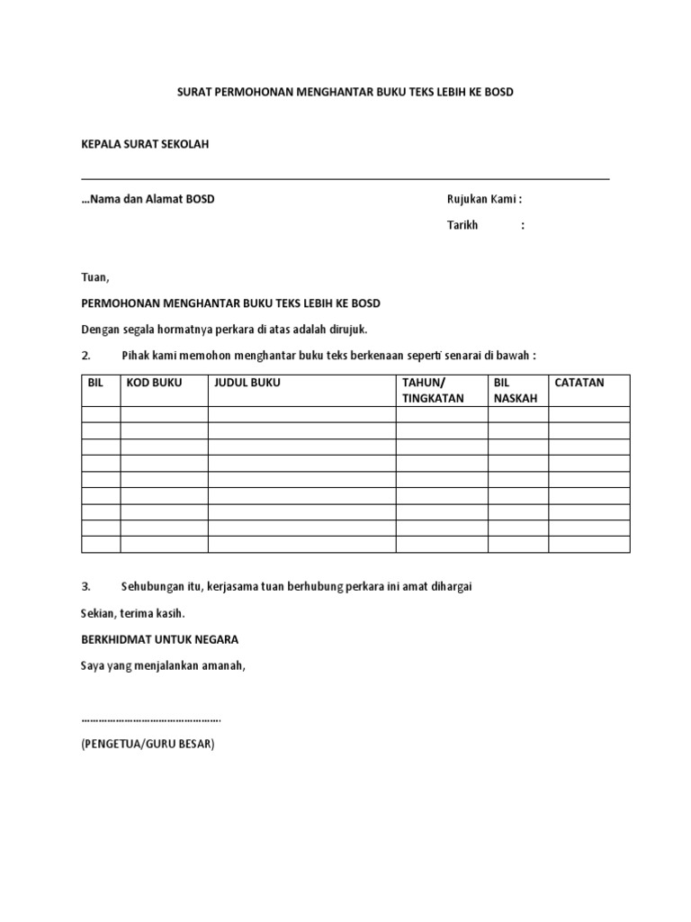 Surat Permohonan Menghantar Buku Teks Lebih Ke Bosd | PDF
