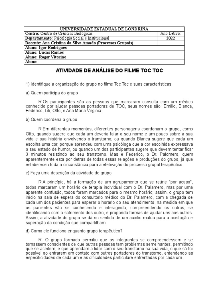 Análise do funcionamento do grupo terapêutico formado no filme "Toc Toc | PDF | Transtorno ...