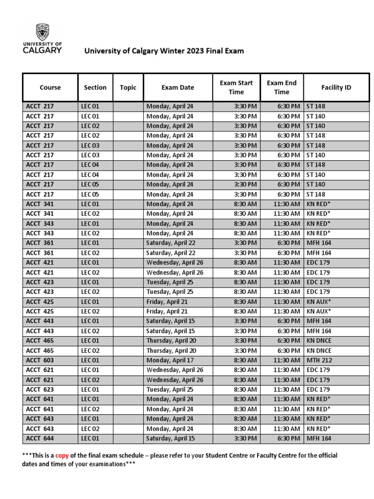 2023 04 06 Winter Exam Final Schedule | PDF | Canada | Academic ...