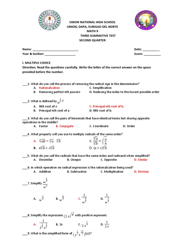 UNION NATIONAL HIGH SCHOOL MATH TEST | PDF | Multiplication | Square Root