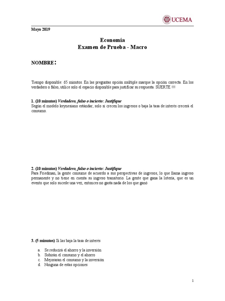 Examen de Prueba - MAcro | PDF | Dinero | Ahorro