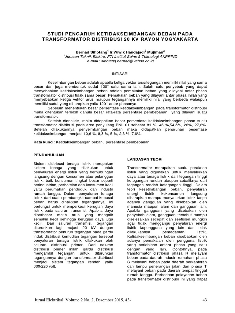Studi Pengaruh Ketidakseimbangan Beban Pada Transformator Distribusi 20 KV Rayon Yogyakart A | PDF