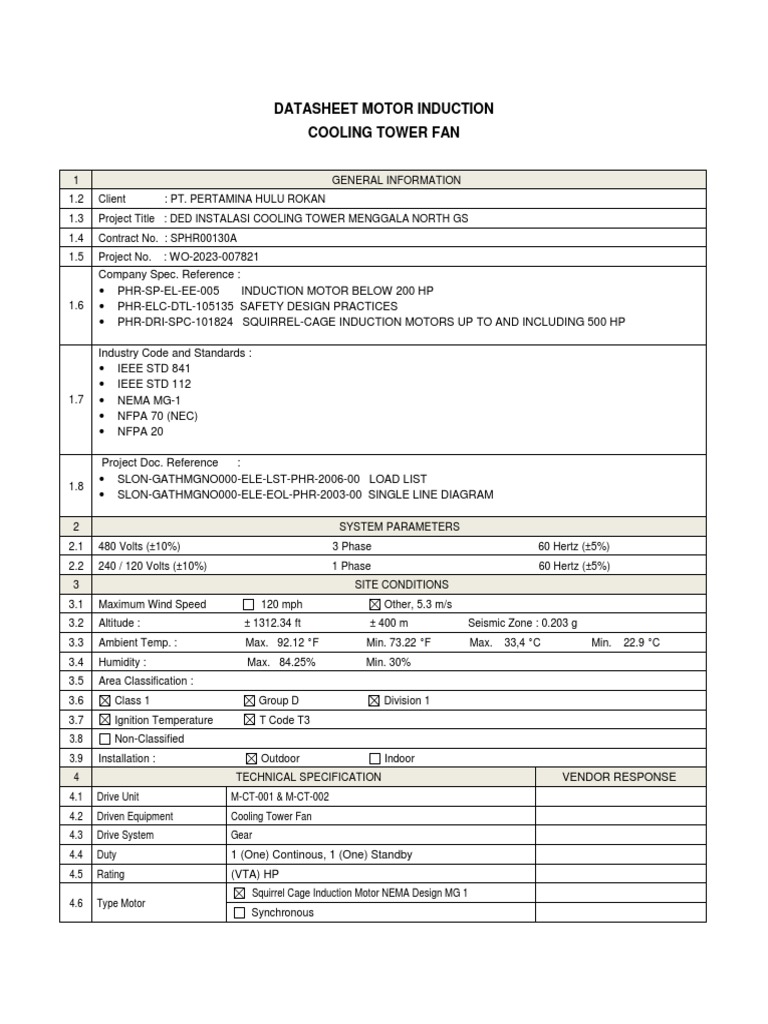 Induction Motor Datasheet for Cooling Tower | PDF | Electrical ...