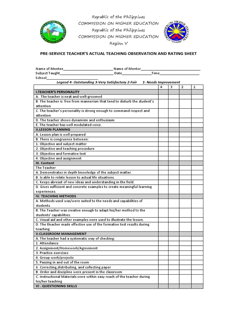 Pre-Service Teacher'S Actual Teaching Observation and Rating Sheet ...