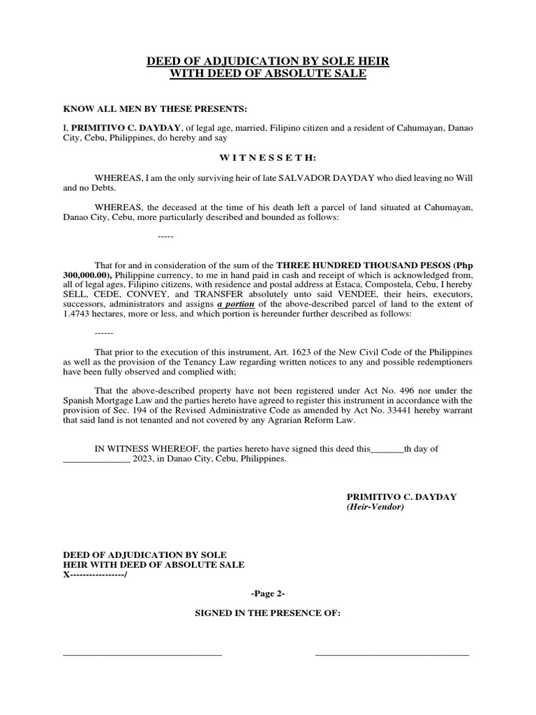 DEED OF ADJUDICATION BY SOLE HEIR With Absolute Sale | Download Free ...