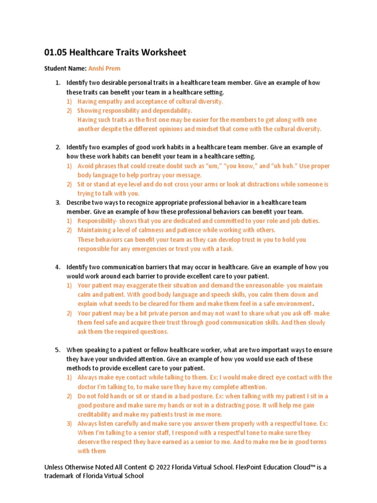 01.05 Healthcare Traits Worksheet | PDF | Health Care | Body Language