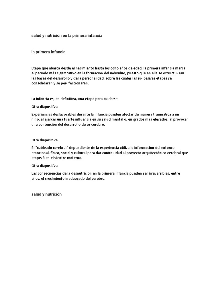 Salud Y Nutrición En La Primera Infancia Pdf