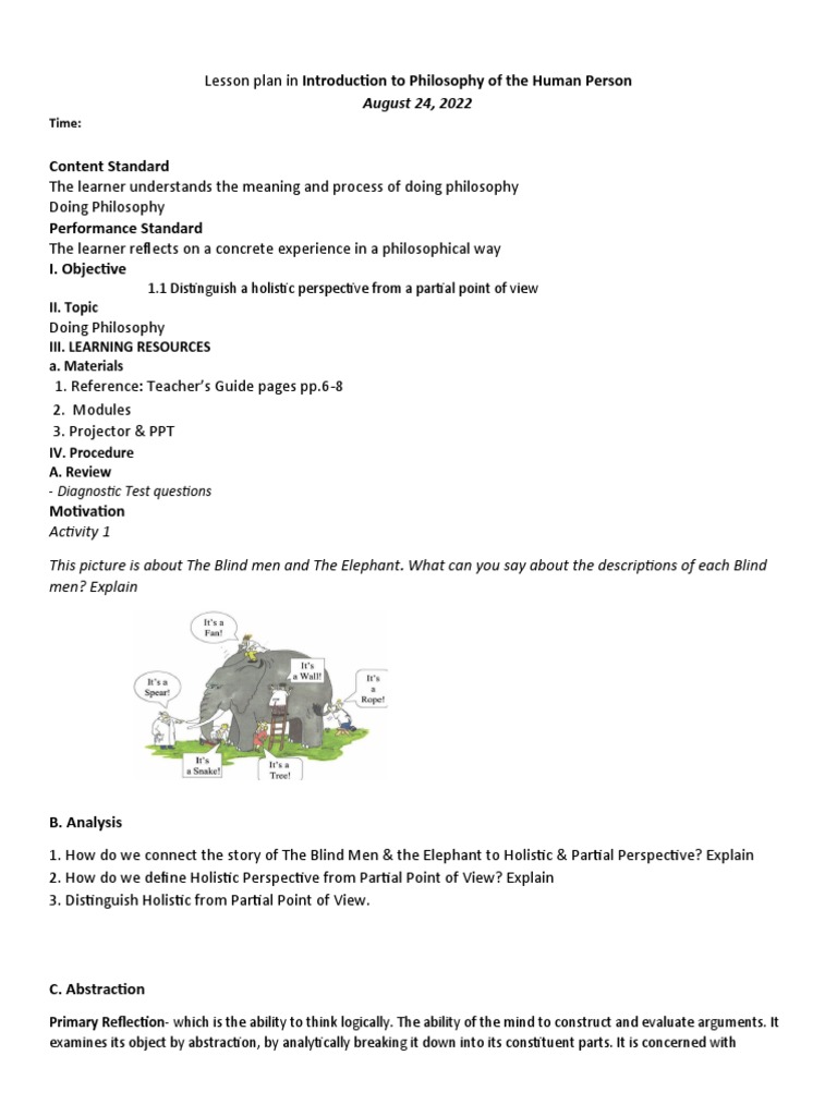Introduction to Philosophy Lesson on Holistic vs Partial Perspectives | PDF