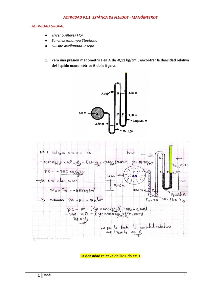 Actividad P1.1 - Estática de Fluidos - Manómetros | PDF