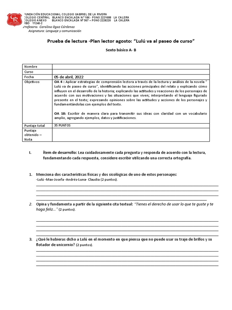 Prueba Plan Lector Agosto - LULÚ VA AL PASEO DE CURSO | PDF | Comunicación humana | Lingüística
