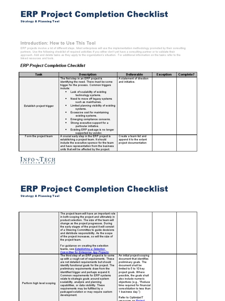 ERP Project Completion Checklist | Enterprise Resource Planning | Request For Proposal