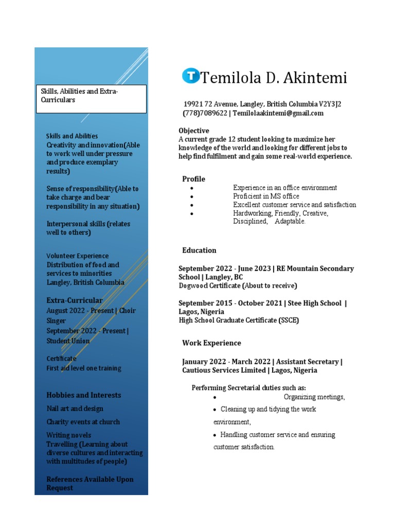 Temilola Akintemi Resume - Danielles Resume 2 | PDF | Cognition | Behavior Modification