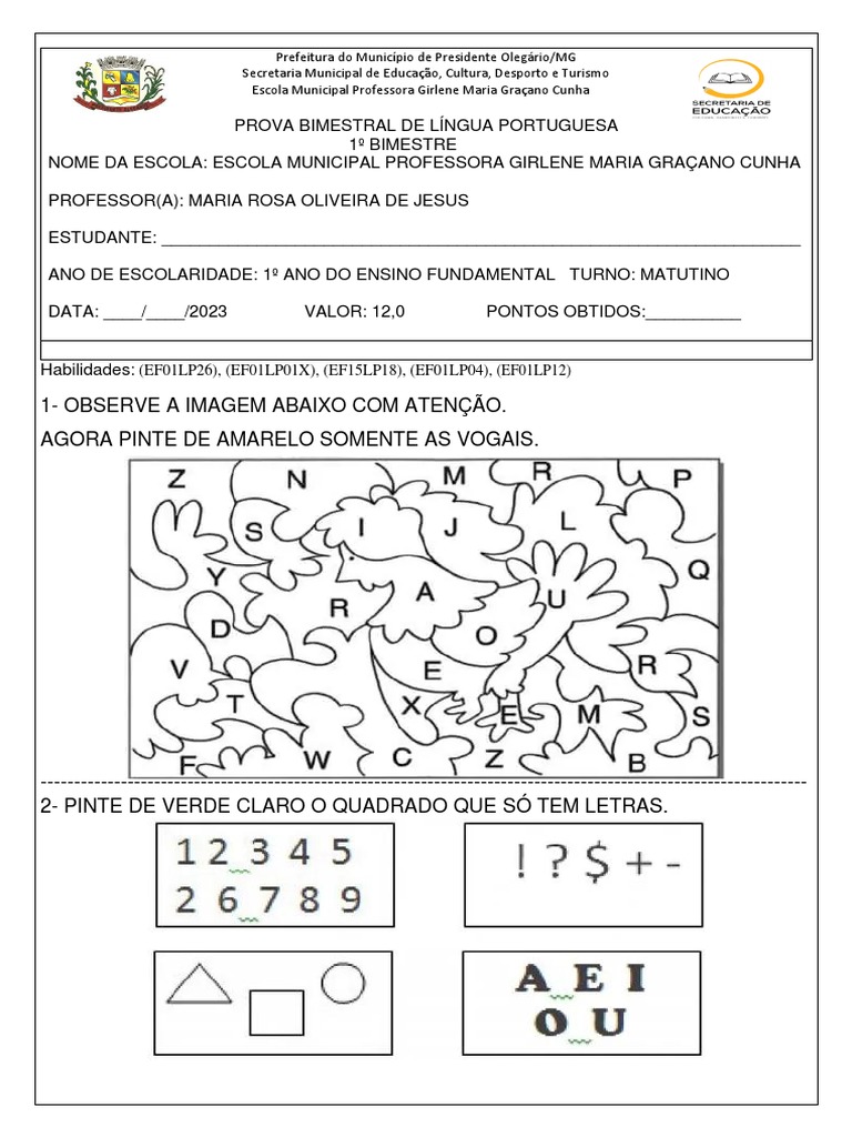 Prova Bimestral de Língua Portuguesa, 1o Bimestre | PDF | Escolas | Caneta
