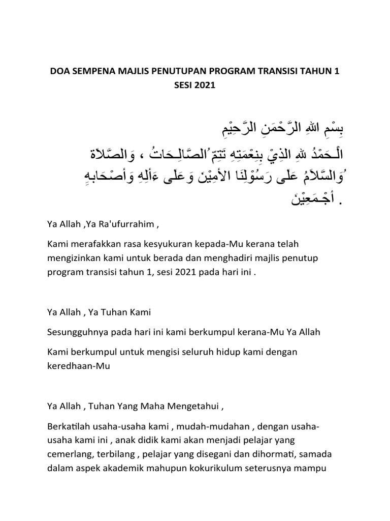 Doa Sempena Majlis Penutupan Program Transisi Tahun 1 SESI 2021 | PDF | Agama & Spiritualitas