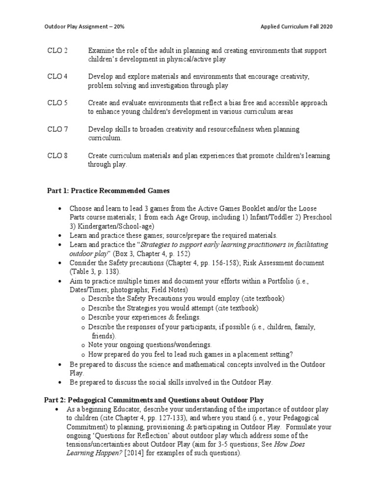 Outdoor Play Assignment | PDF | Curriculum | Preschool