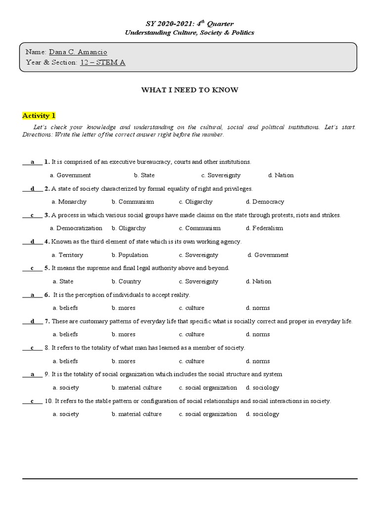 Amancio 12 STEM A UCSP ACTIVITIES 4th Quarter Original | PDF | Grandparent