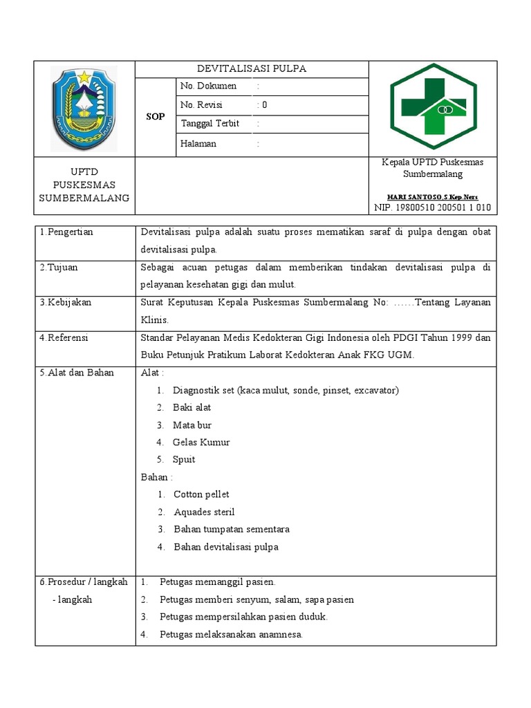 SOP Devitalisasi Pulpa | PDF | Kesehatan Holistik