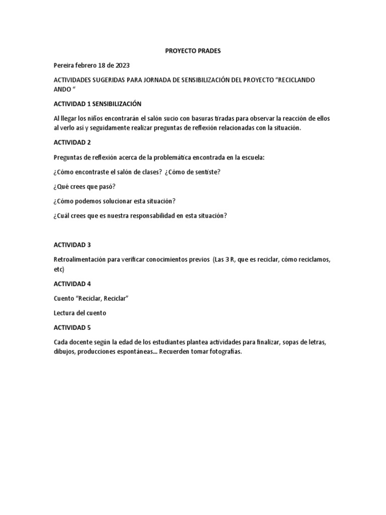 Proyecto Prades Sensibilización Proyecto Reciclando Ando | PDF