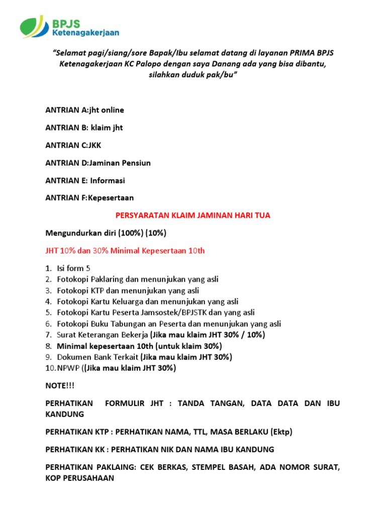 Persyaratan Klaim JHT, JKM, JP, JKK | PDF