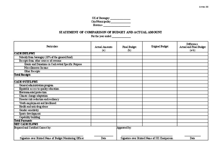 Statement of Comparison of Budget and Actual Amount: Cash Inflows | PDF