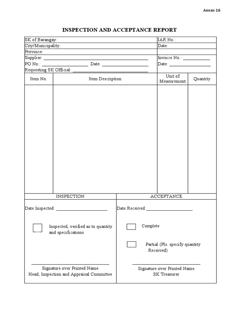 Inspection and Acceptance Report: Annex 16 | PDF