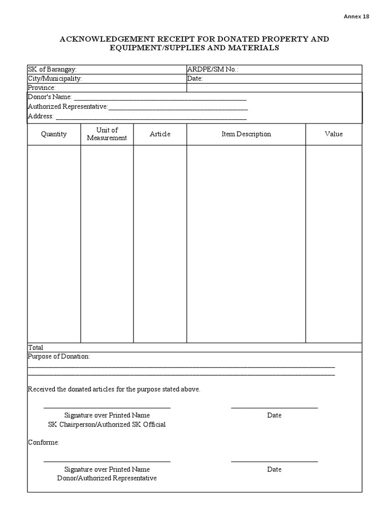 Acknowledgement Receipt For Donated Property and Equipment/Supplies and ...