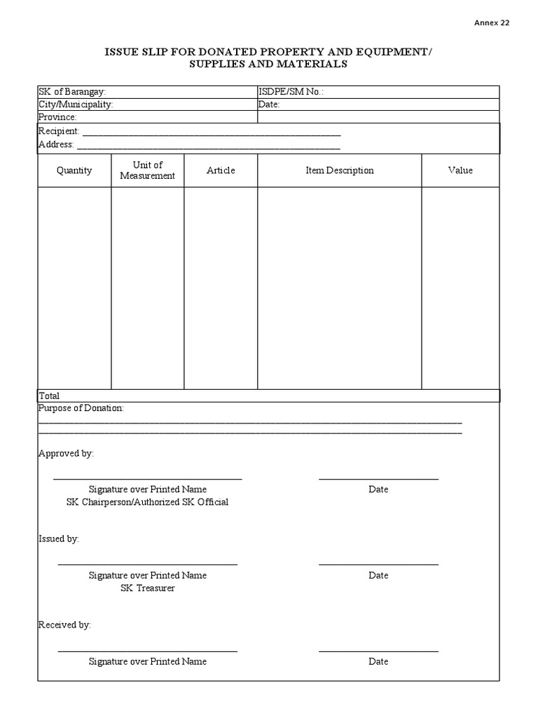 Issue Slip For Donated Property and Equipment/ Supplies and Materials | PDF