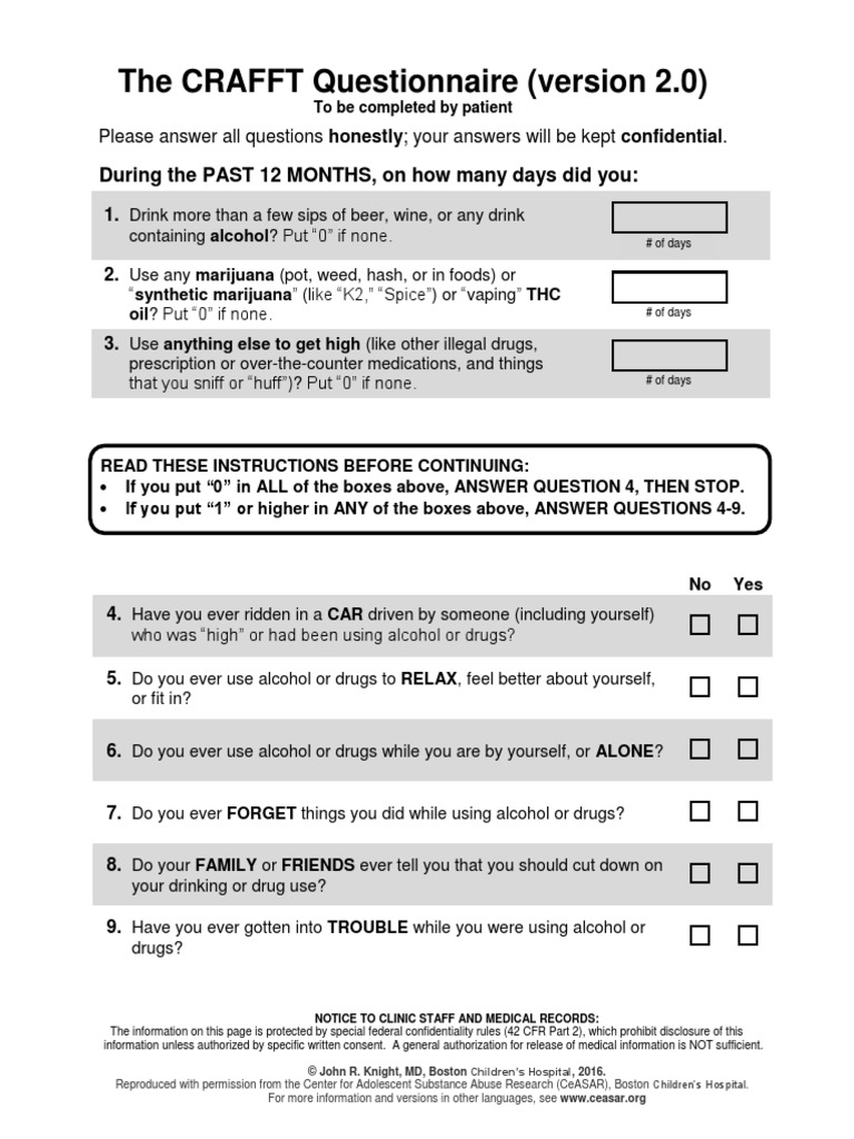 CRAFFT 2.0 - Selfadministered - 2018 01 16 | PDF | Drugs | Drugs Acting ...