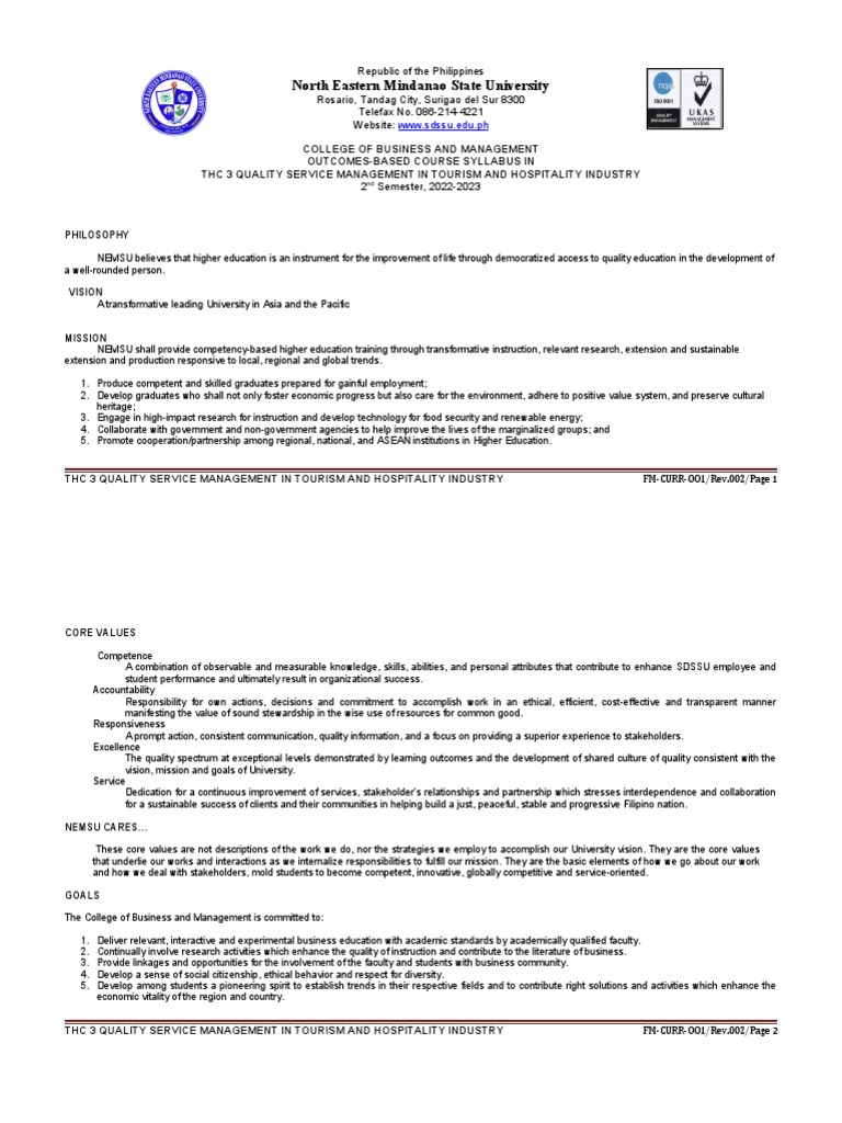 THC 3: Quality Service Management Syllabus | PDF | Tourism | Quality ...