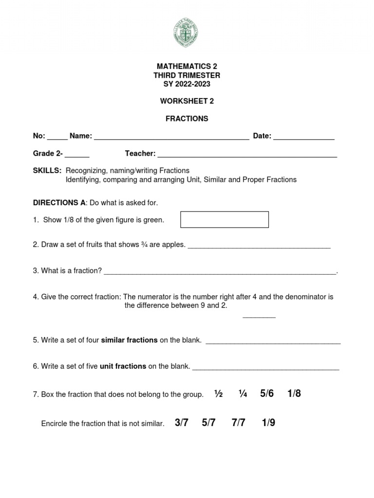 MATH 2 - WORKSHEET 2 For LESSON 2 On Fractions - T3 - 2122 | PDF ...