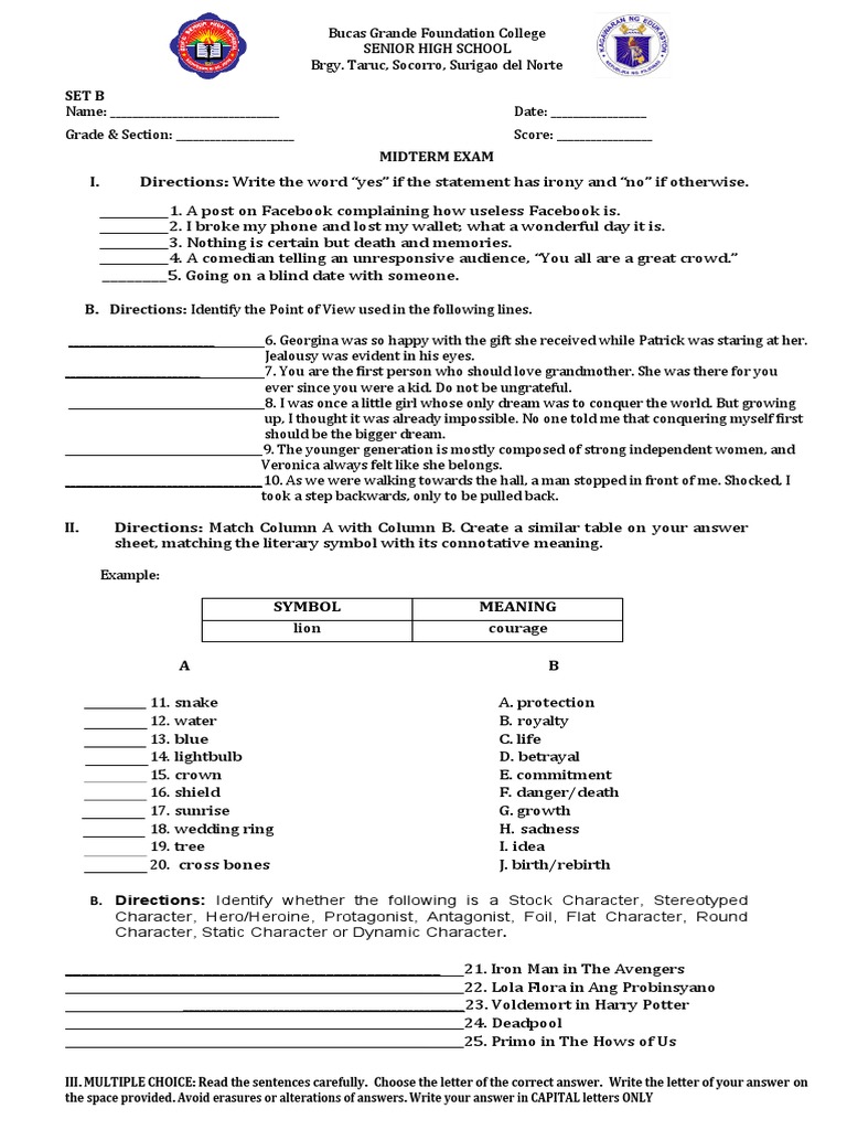 Midterm Exam for Senior High School Students Focusing on Literary Concepts and Techniques | PDF ...