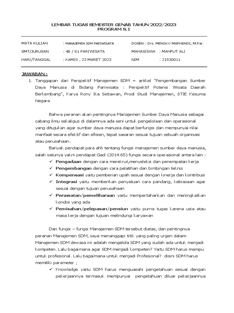 Tugas Manajemen SDM Pariwisata | PDF